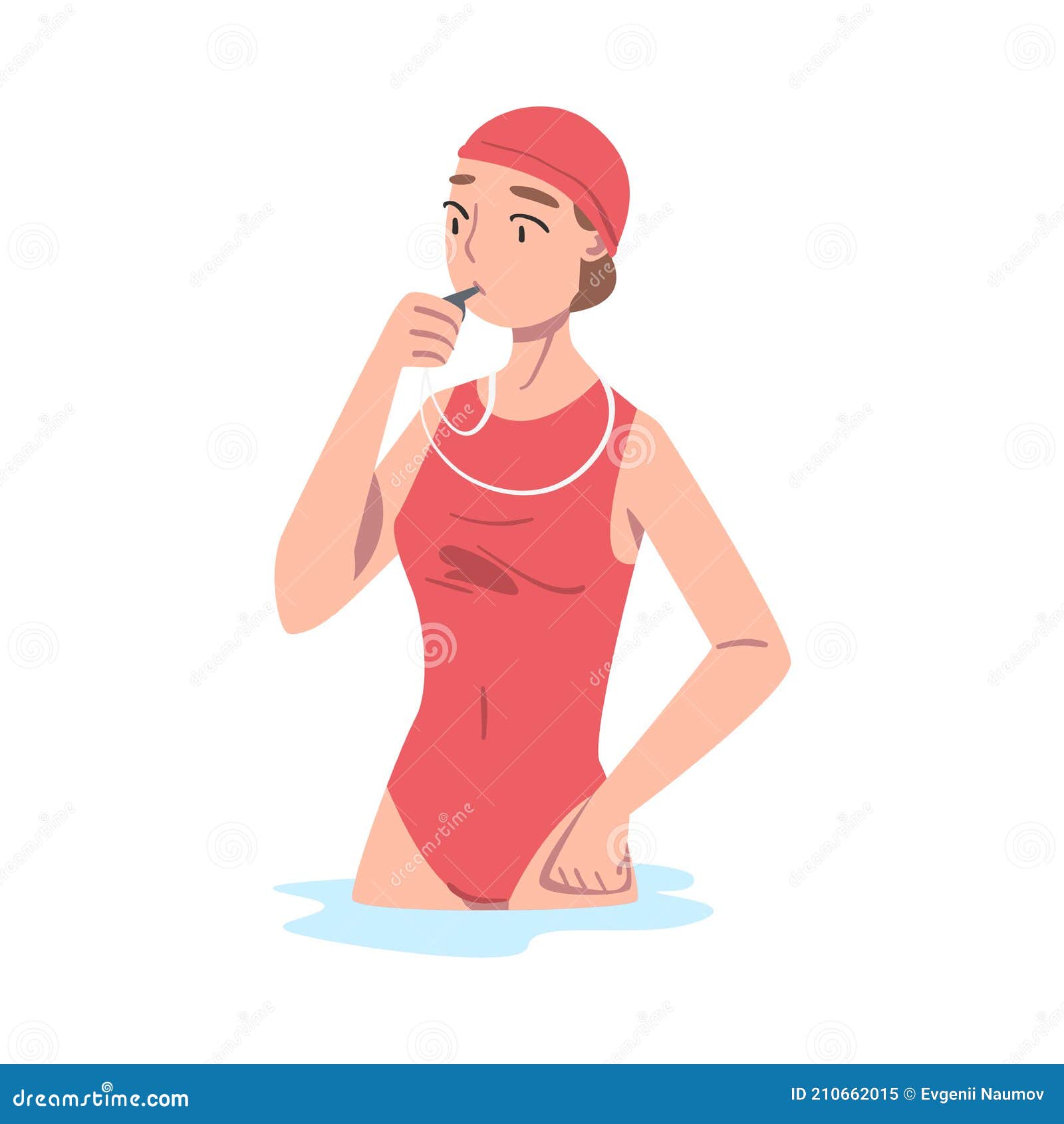 Woman Swimming Coach Character Trainer With Whistle Teaching Swimmers