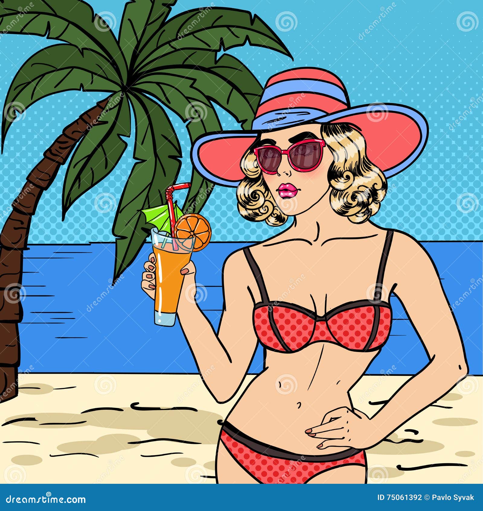 Woman In Swimsuit With Cocktail Pop Art Stock Vector Illustration Of