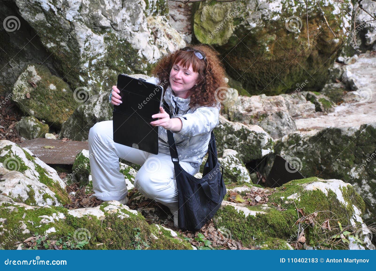 Woman with Tablet Computer in the Mountains Stock Image - Image of ...