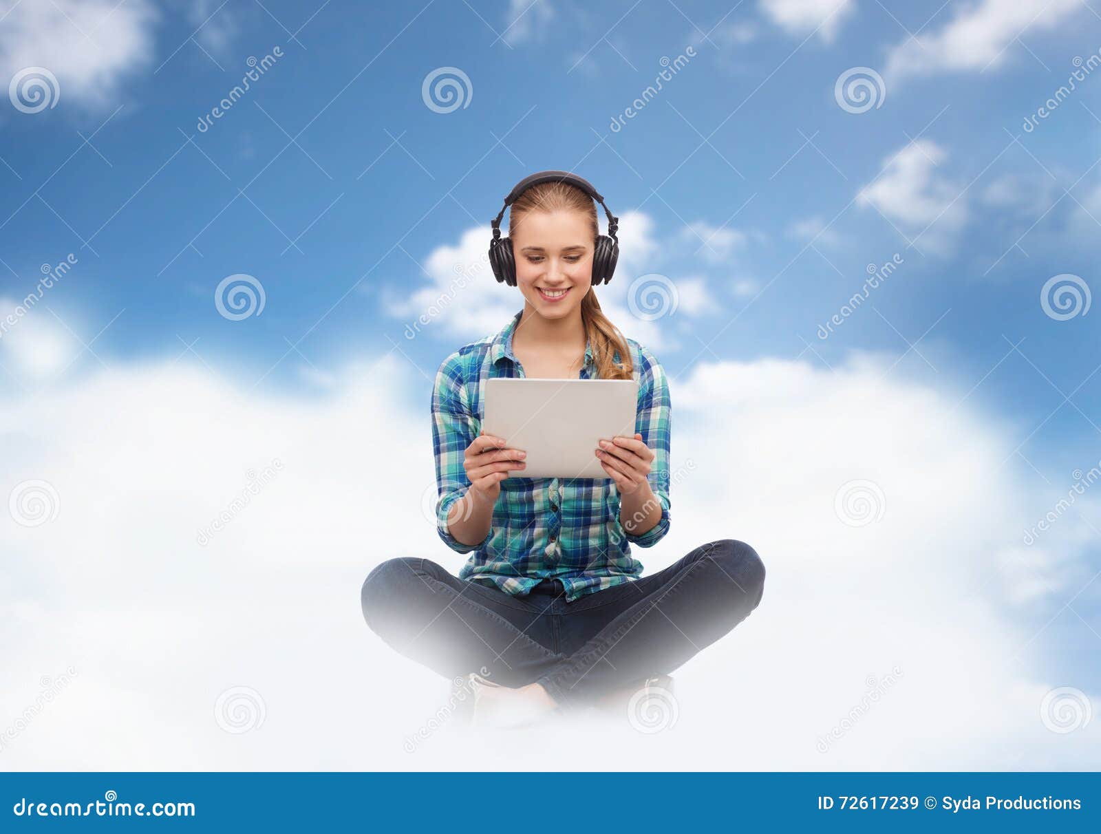 Woman with Tablet Pc and Headphones Stock Image - Image of blue, heaven ...