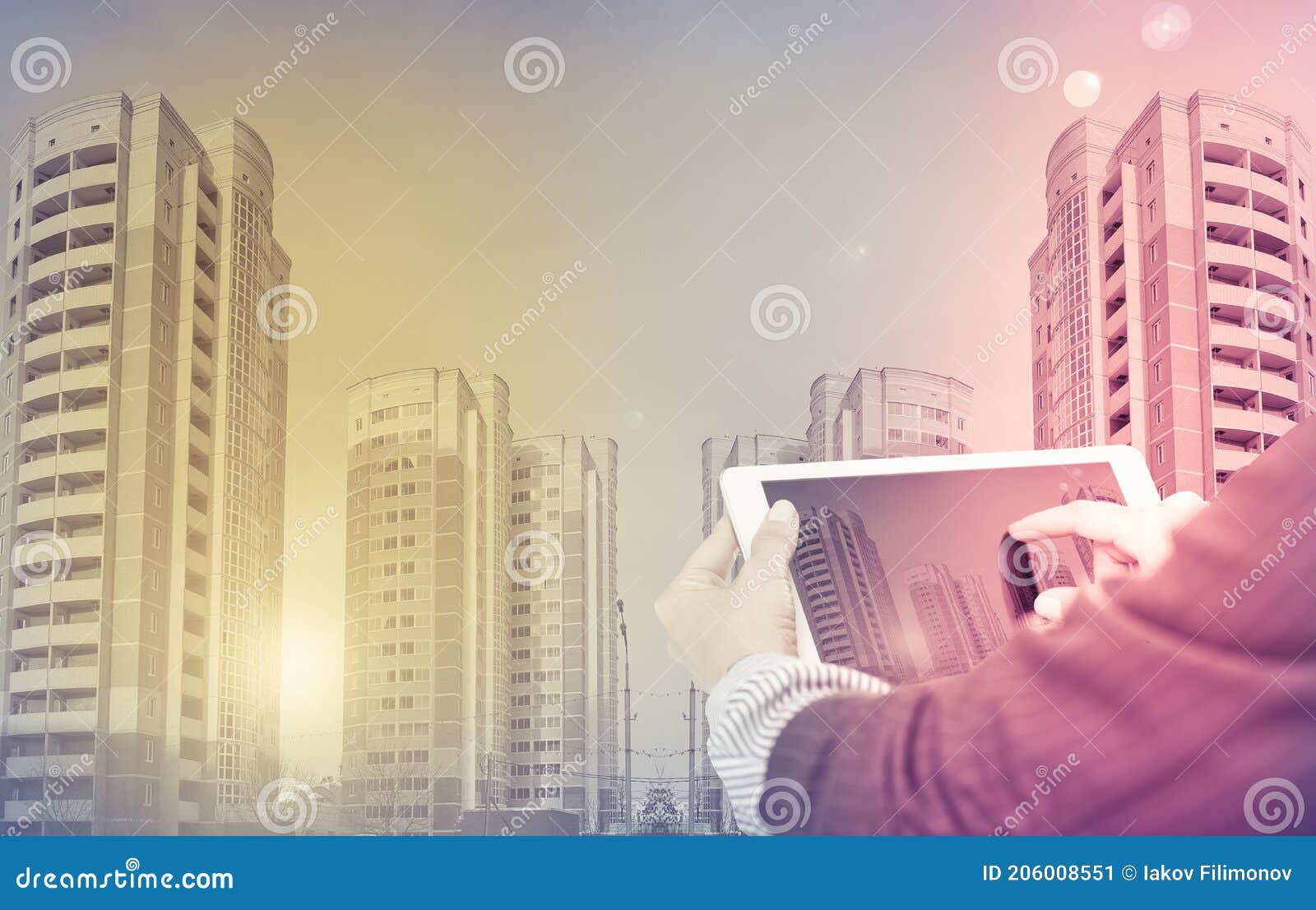 Woman with Tablet on Skyscrapers Background Stock Image - Image of ...