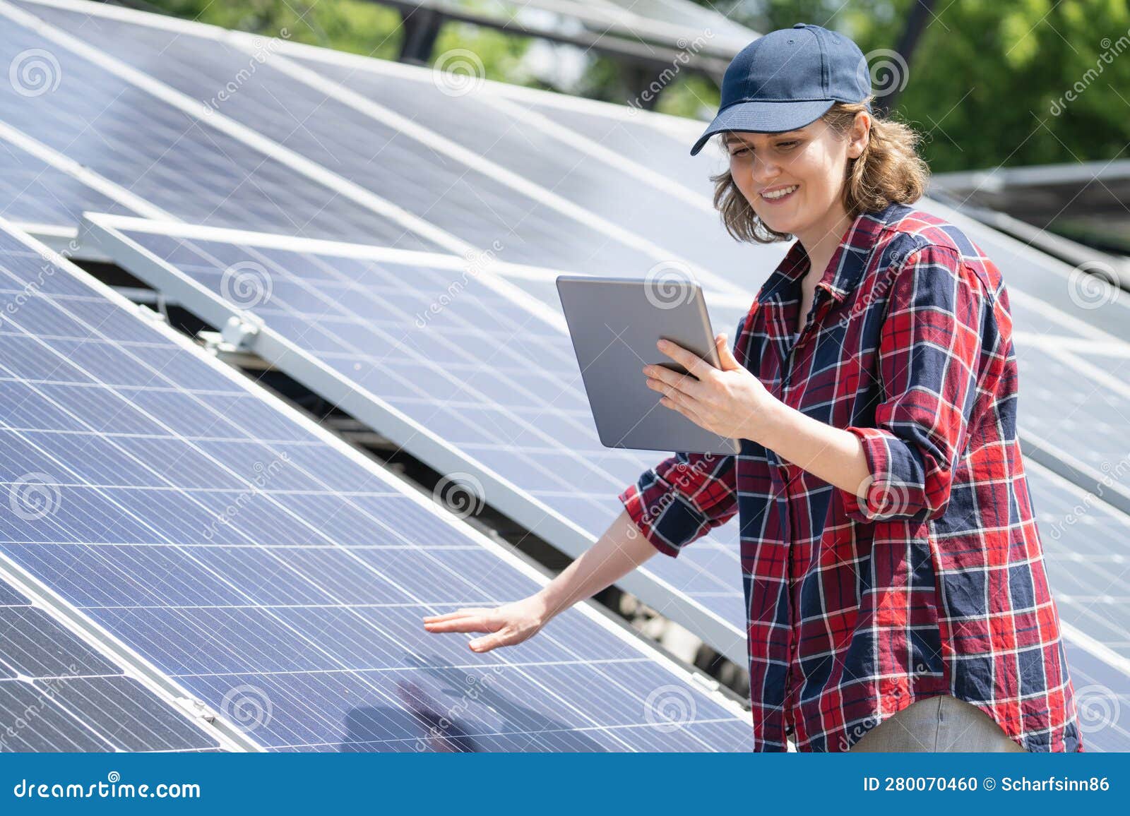 Woman with Tablet Touching Solar Panel Stock Photo - Image of install ...