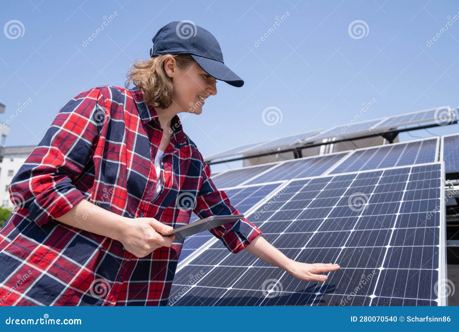 Woman with Tablet Touching Solar Panel Stock Photo - Image of clean ...