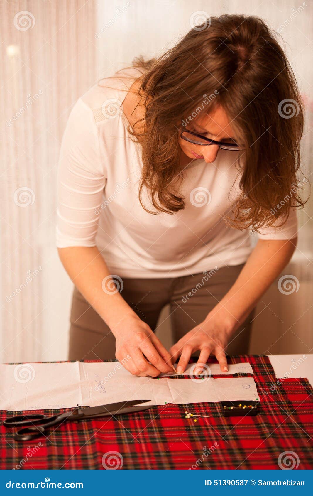 Woman Tailor Cutting Textile in Craft Workshop Stock Image - Image of ...