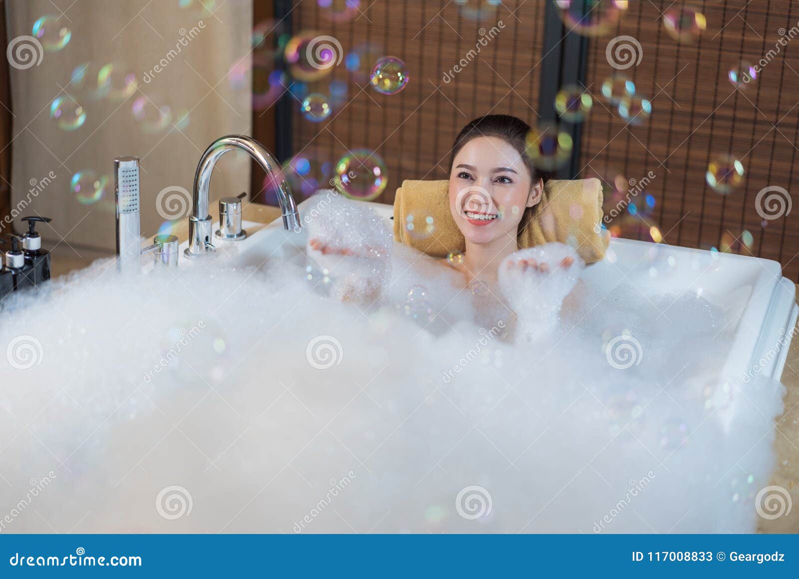 Woman Takes Bubble Bath And Playing In Bathtub Stock Image Image Of