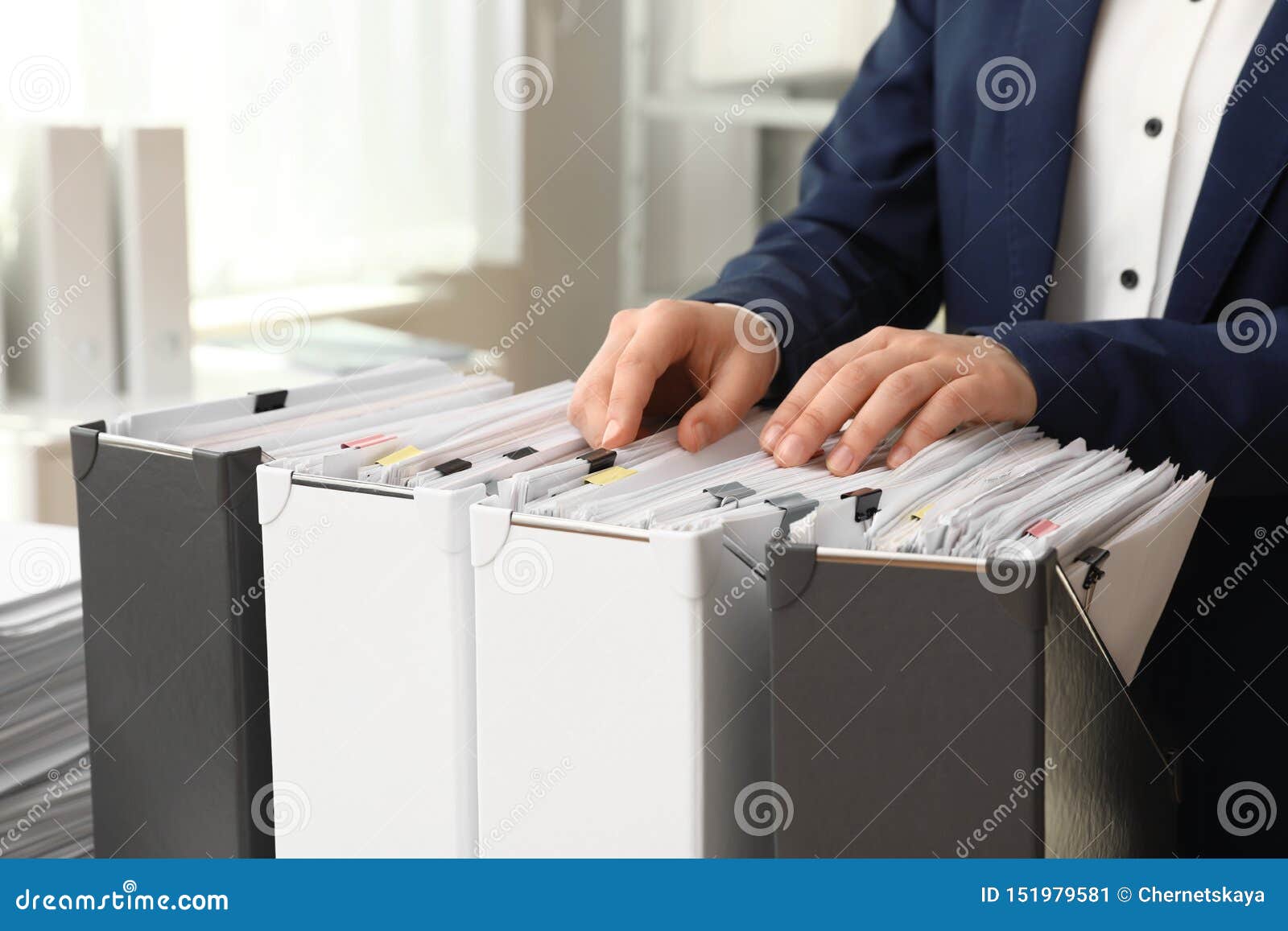 Woman Taking Documents from Folder in Archive Stock Image - Image of ...
