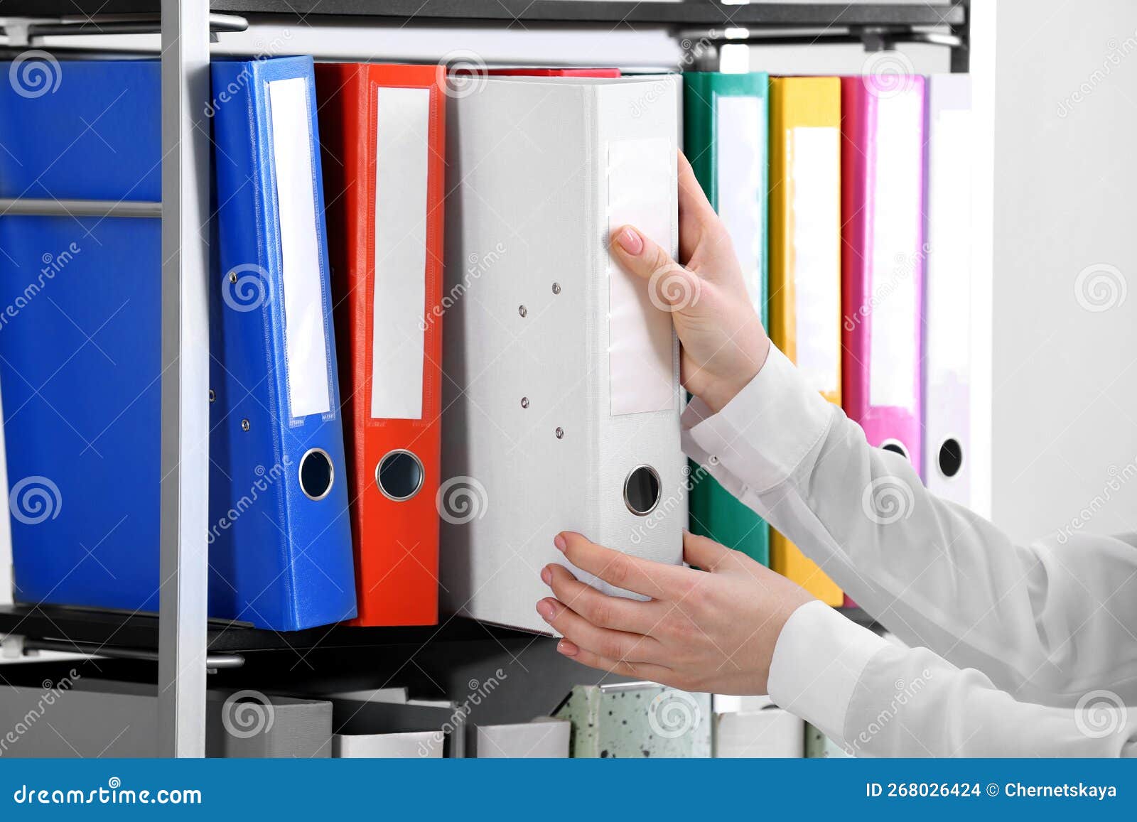Woman Taking Folder with Documents from Shelf in Office, Closeup Stock ...