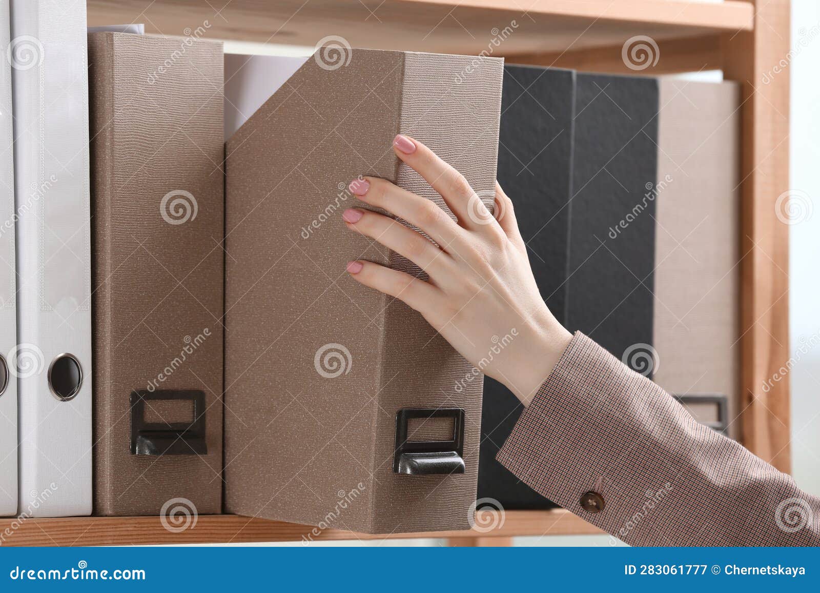Woman Taking Folder with Documents from Shelf in Office, Closeup Stock ...