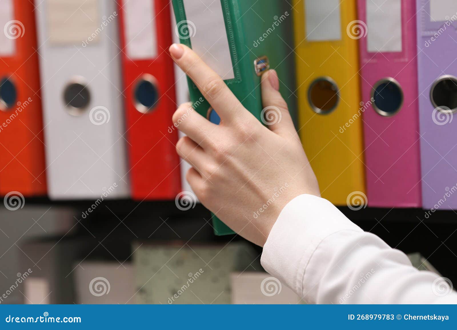 Woman Taking Folder with Documents from Shelf in Office, Closeup Stock ...