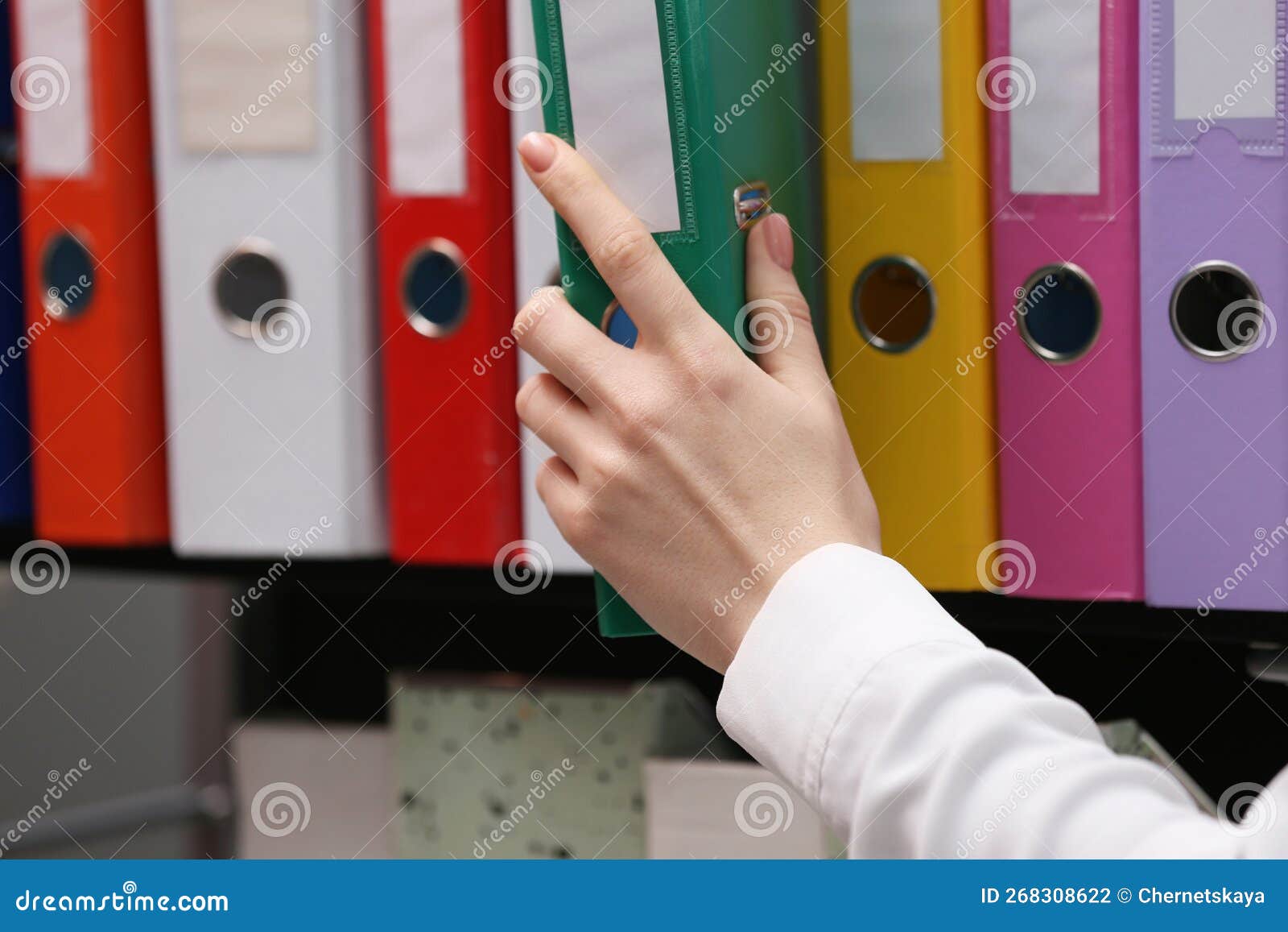 Woman Taking Folder with Documents from Shelf in Office, Closeup Stock ...