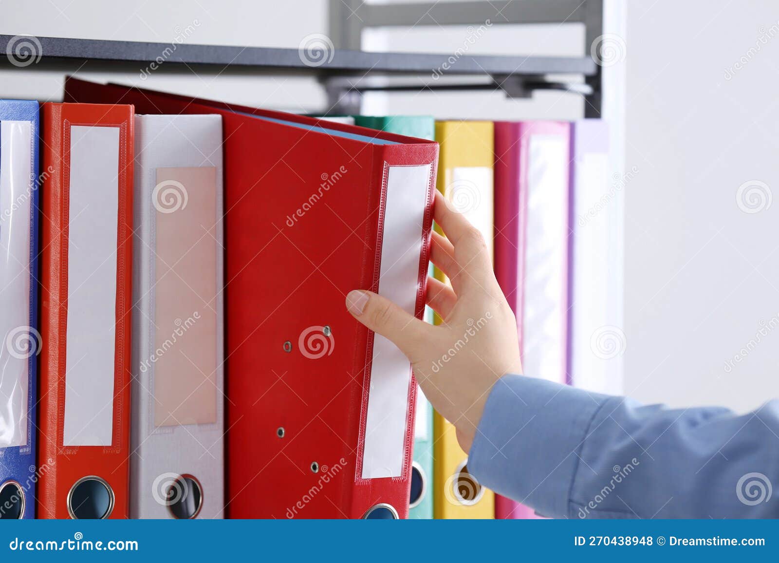 Woman Taking Folder with Documents from Shelf in Office, Closeup Stock ...