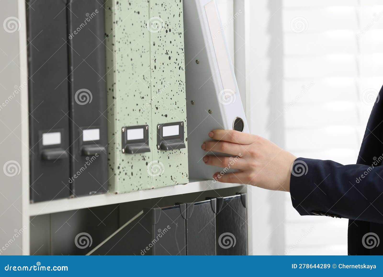 Woman Taking Folder with Documents from Shelf in Office, Closeup Stock ...