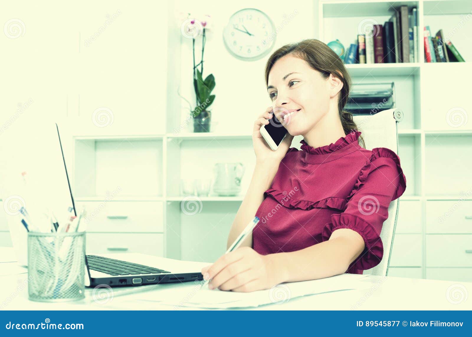 Woman Taking Notes while Talking Stock Image - Image of helping ...