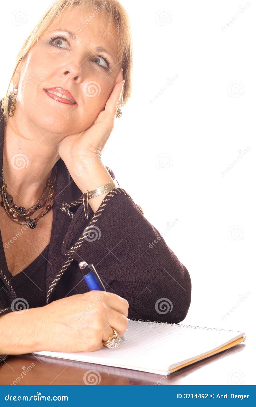 Woman Taking Notes Thinking Smile Stock Photo - Image of work, happy ...