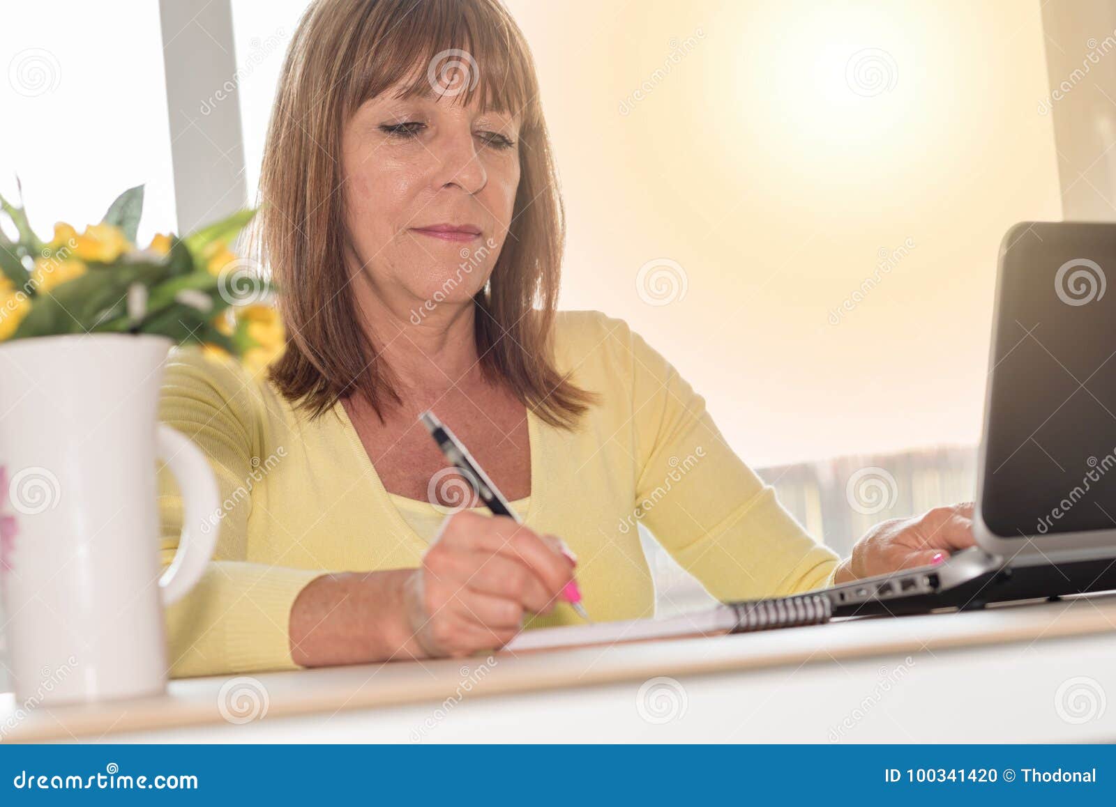 Woman Taking Notes and Working on Laptop, Light Effect Stock Photo ...