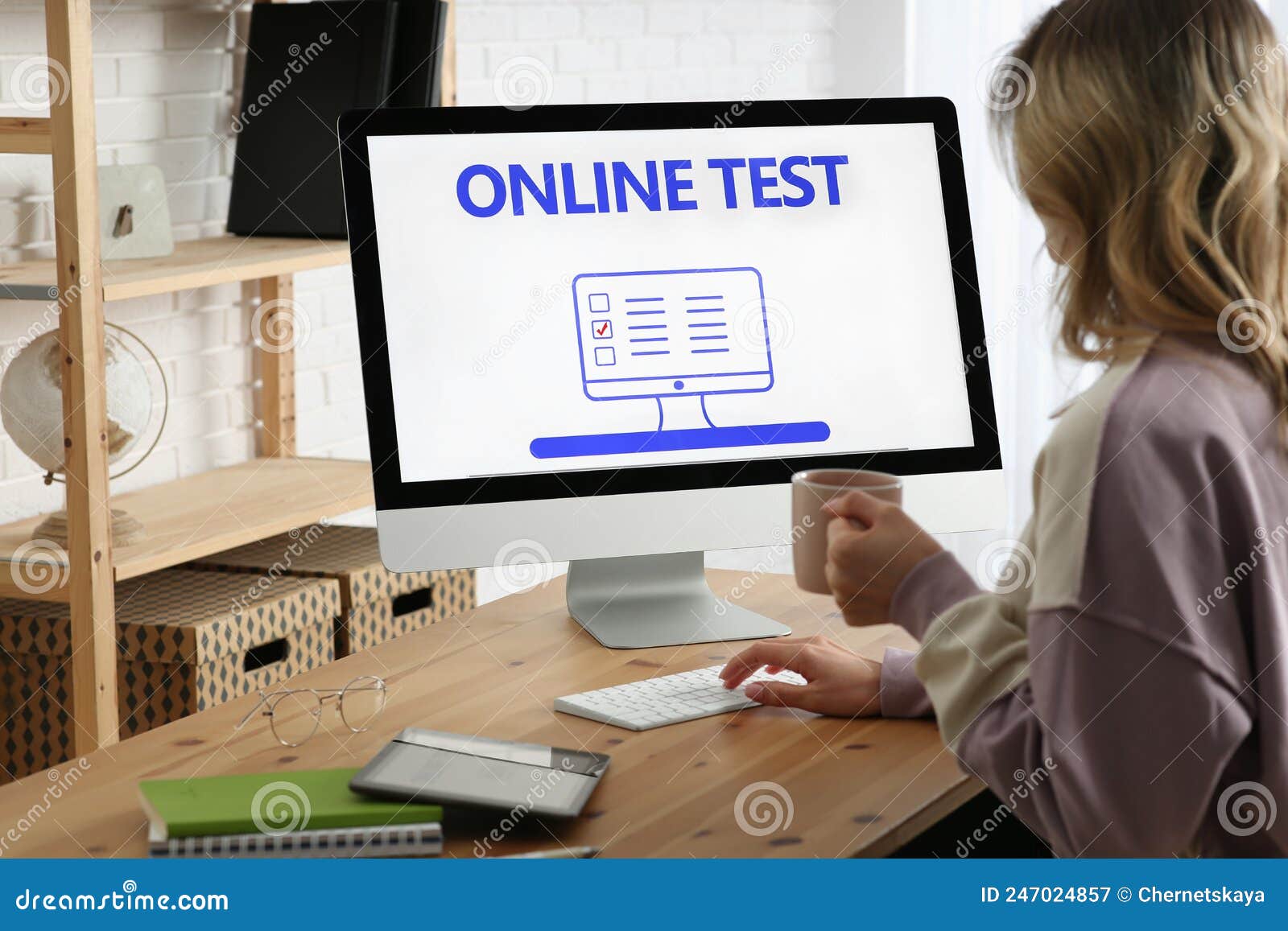 Woman Taking Online Test on Computer at Desk Indoors Stock Image ...