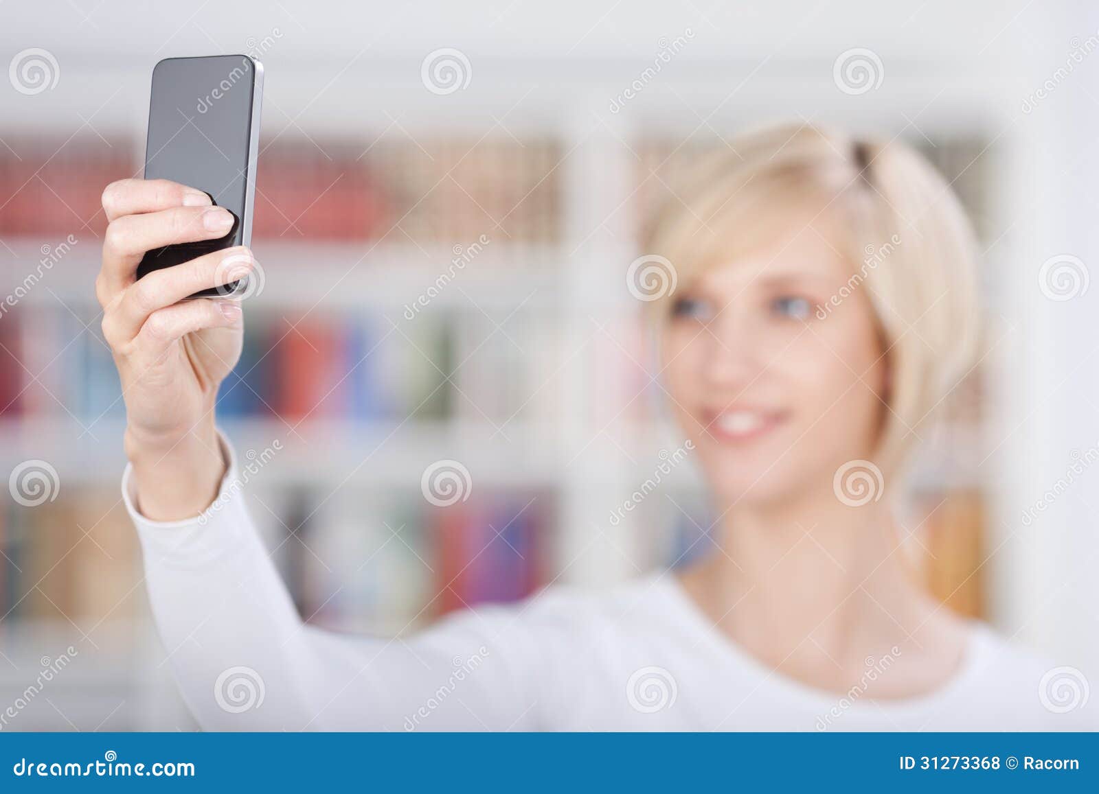 Woman Taking Self Portrait through Mobile Phone Stock Photo - Image of ...