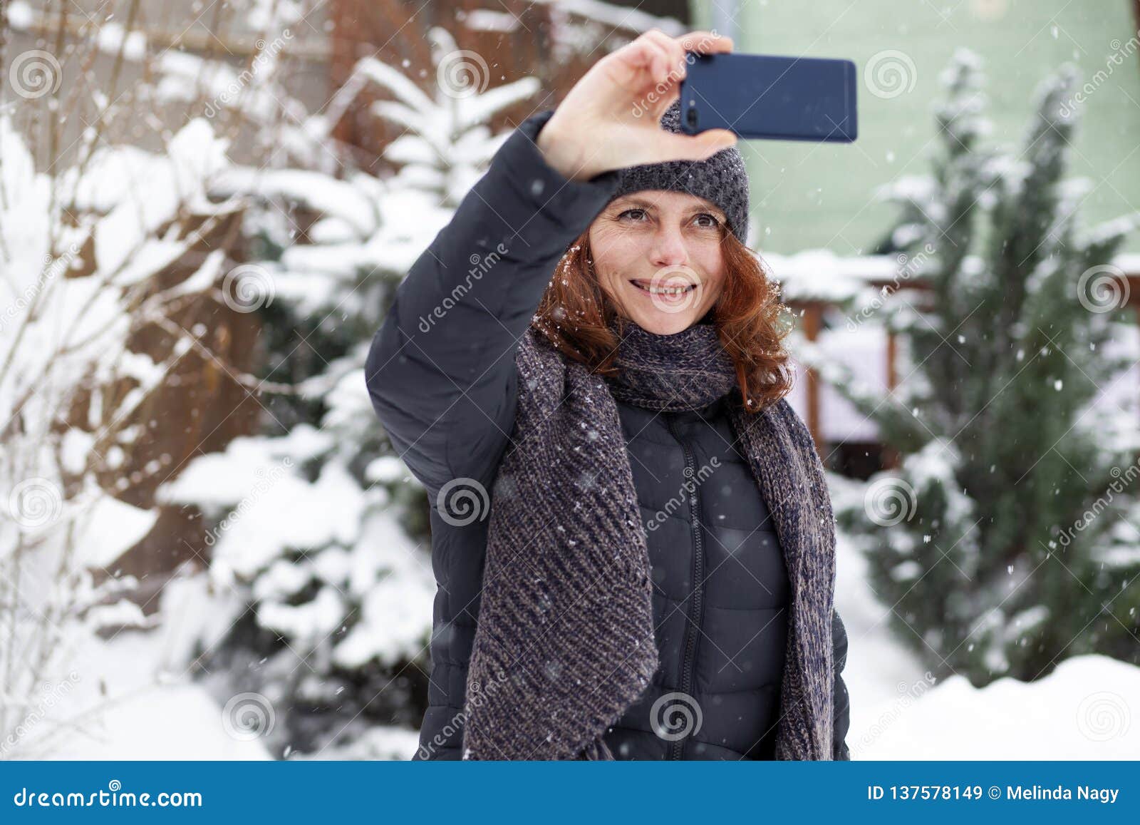 Woman Taking a Selfie in Snow Stock Image - Image of person, park ...