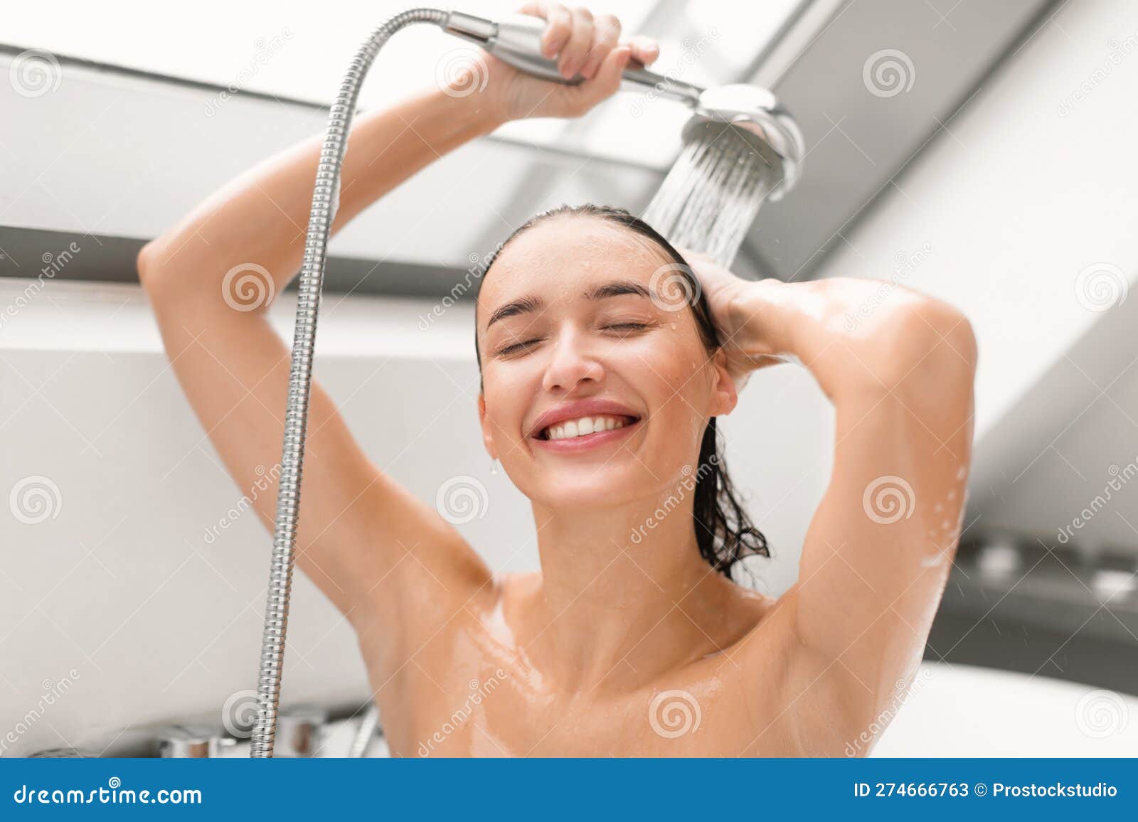 Woman Taking Shower Posing With Eyes Closed Washing Body Indoor Stock