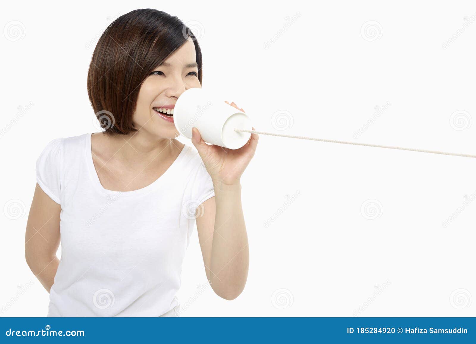 Woman Talking into a Paper Cup Phone Stock Photo - Image of ethnicity ...