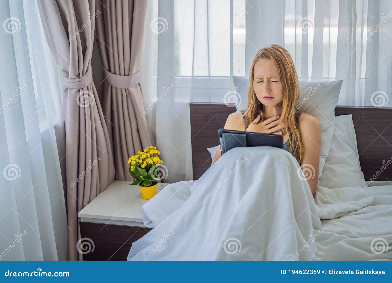 Woman Talking by Video Call while Lying in Bed Stock Image - Image of ...