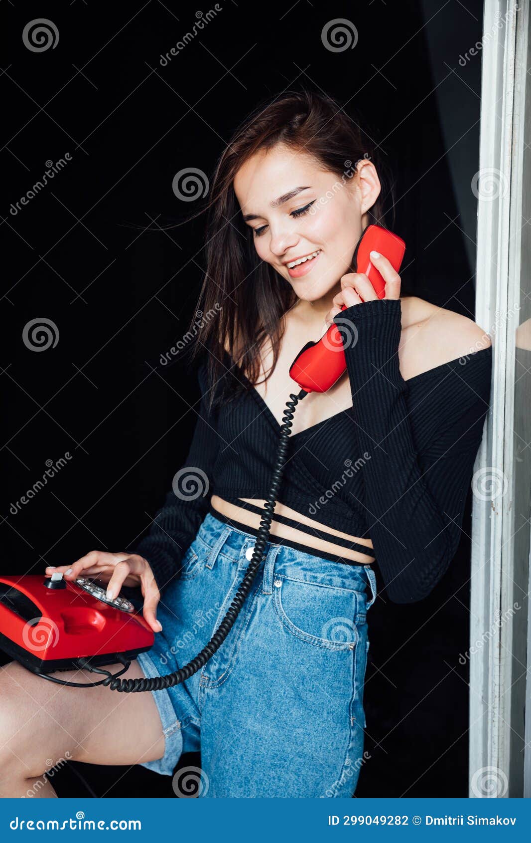 Beautiful Woman Talking on Wired Red Old Phone Stock Photo - Image of ...
