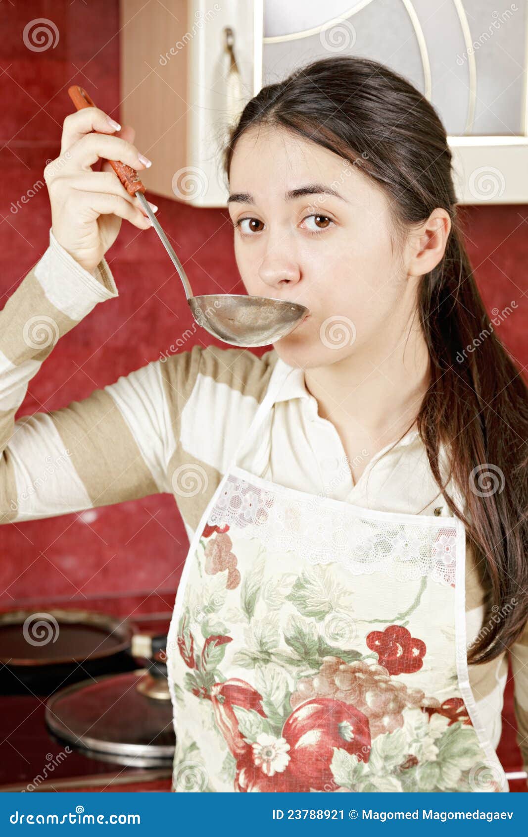 Woman tasting soup stock image. Image of brunette, housewife - 23788921