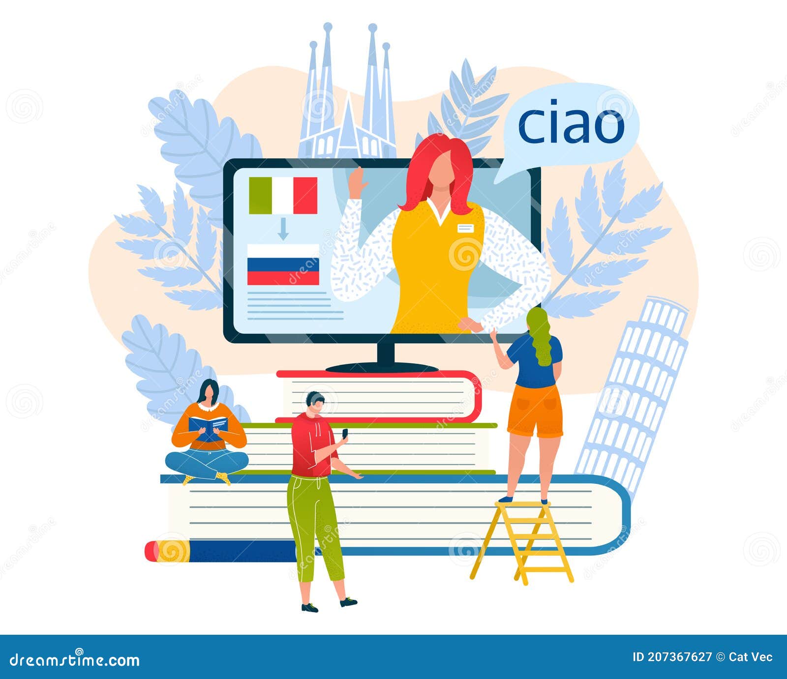 Woman Teacher Foreign Language, Tiny Character Learn Online Internet ...