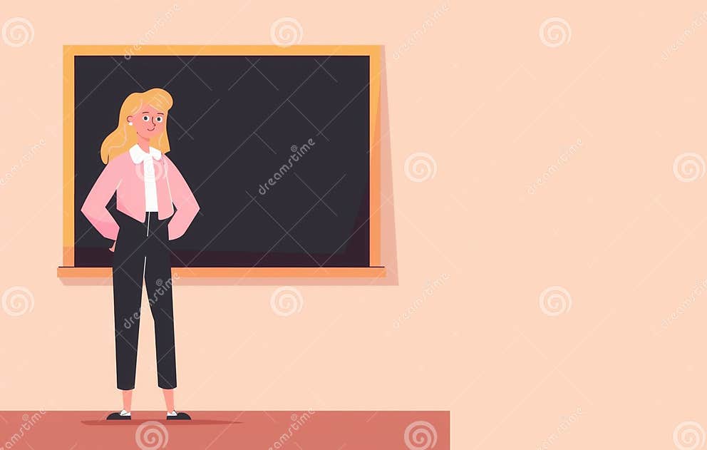 Woman Teacher Stand Near Blackboards In Classroom Education Back To