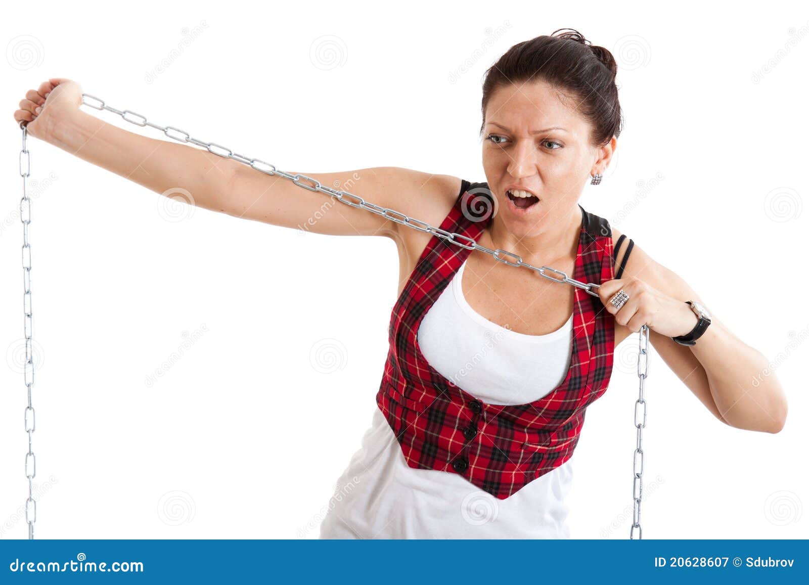 Woman tears steel chain stock image. Image of sensual - 20628607