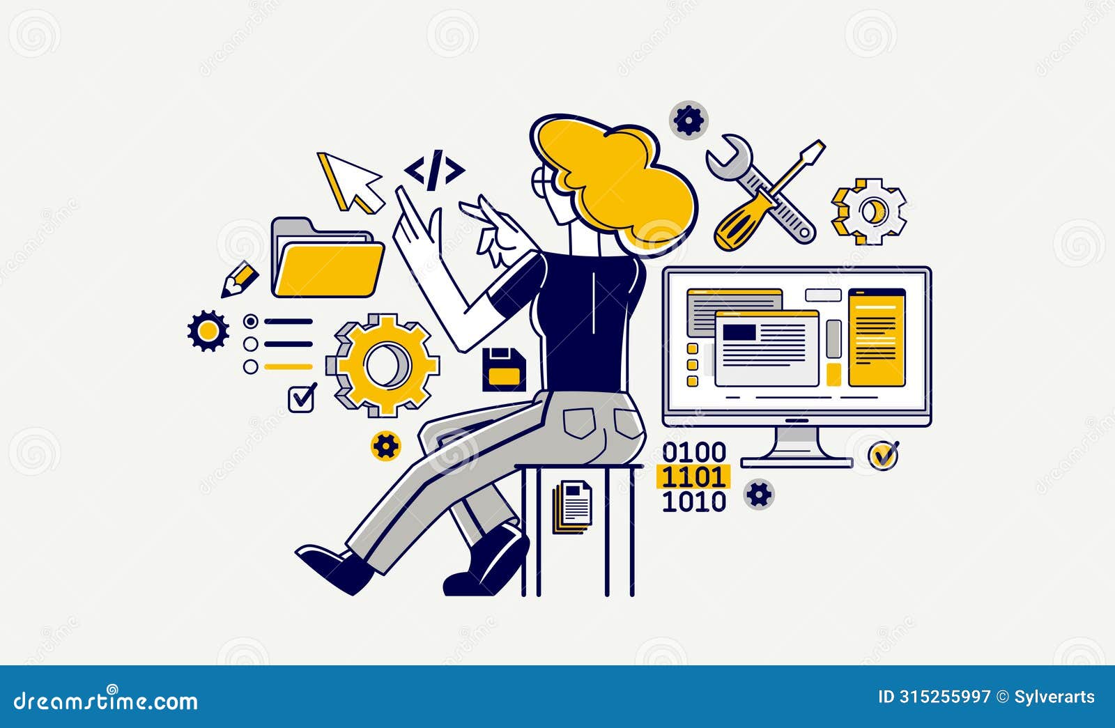Woman Technician Computer Engineer Repairing Pc Vector Outline ...