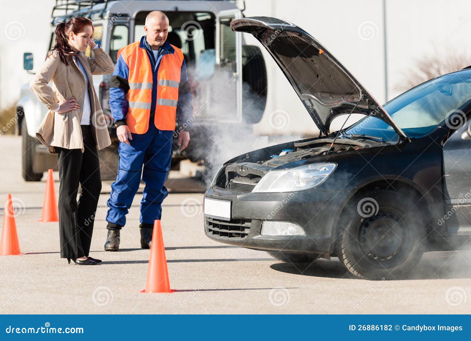 Woman with Technician Help Smoking Car Engine Stock Photo - Image of ...