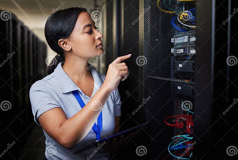 Woman, Technology and Inspection of Server Room, Engineering Cables and Power Solution or ...