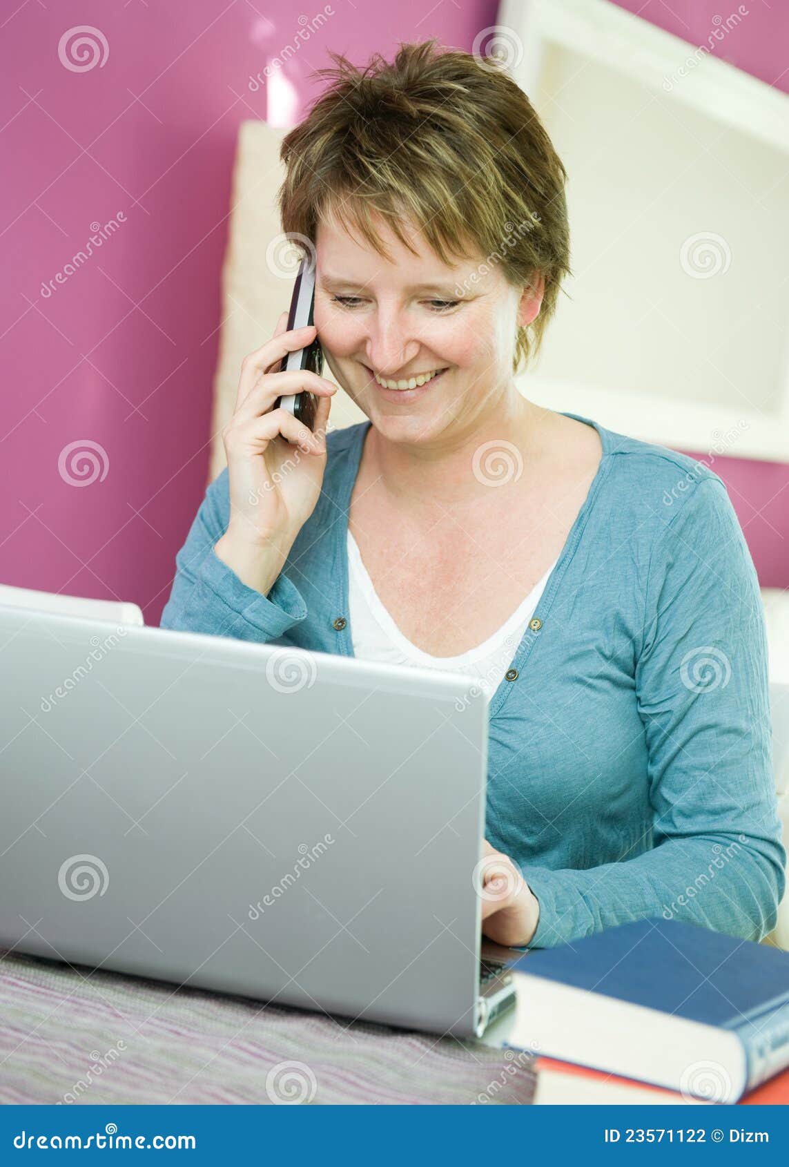 Woman with Telephone and Notebook Computer Stock Photo - Image of phone ...