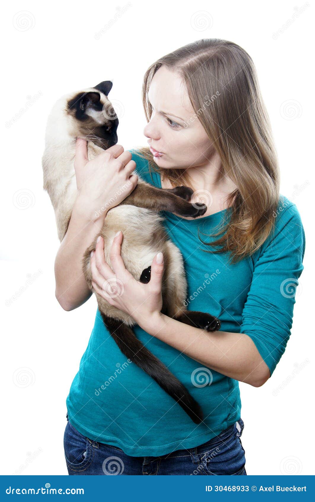 Woman telling off cat stock image. Image of jeans, discipline - 30468933
