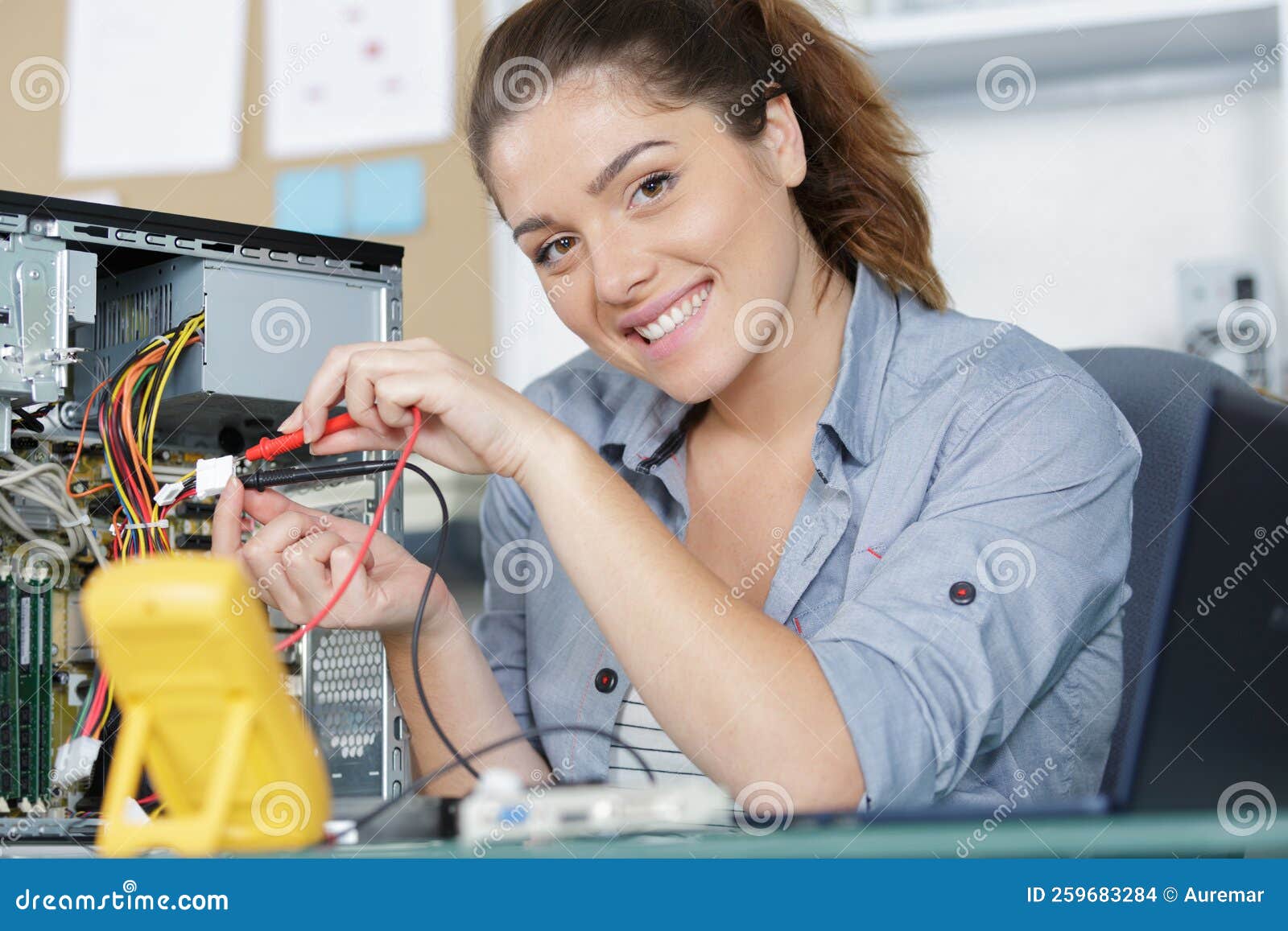 Woman testing motherboard stock photo. Image of processing - 259683284