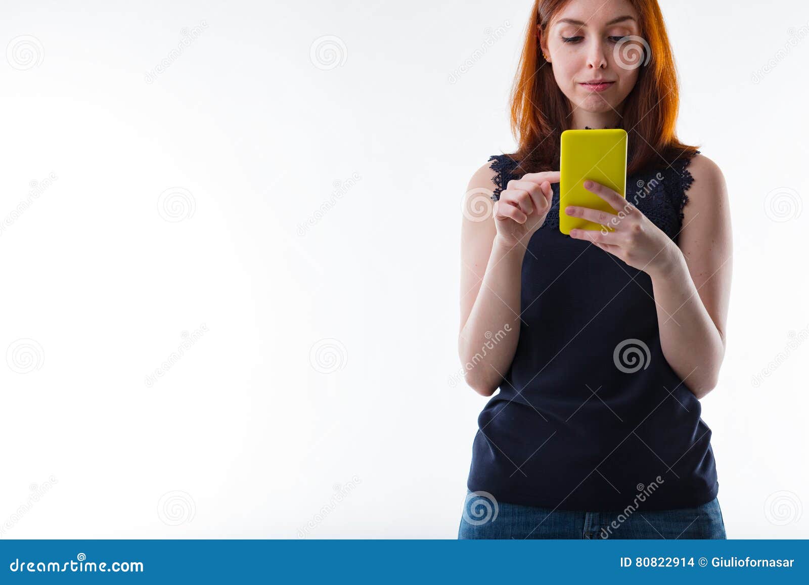 Woman Texting with Her Mobile Alongside Wide Copyspace Stock Photo ...