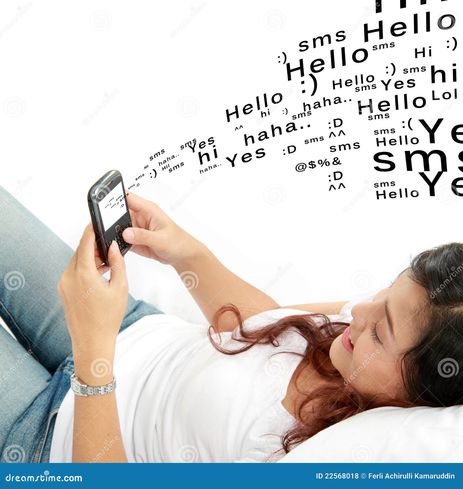 Woman Texting on Phone Lying on Bed Stock Photo - Image of lady, life ...