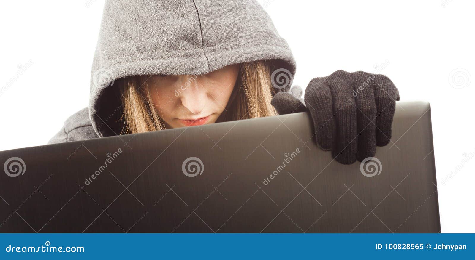 Woman Thief or Hacker with Laptop Stock Image - Image of information ...