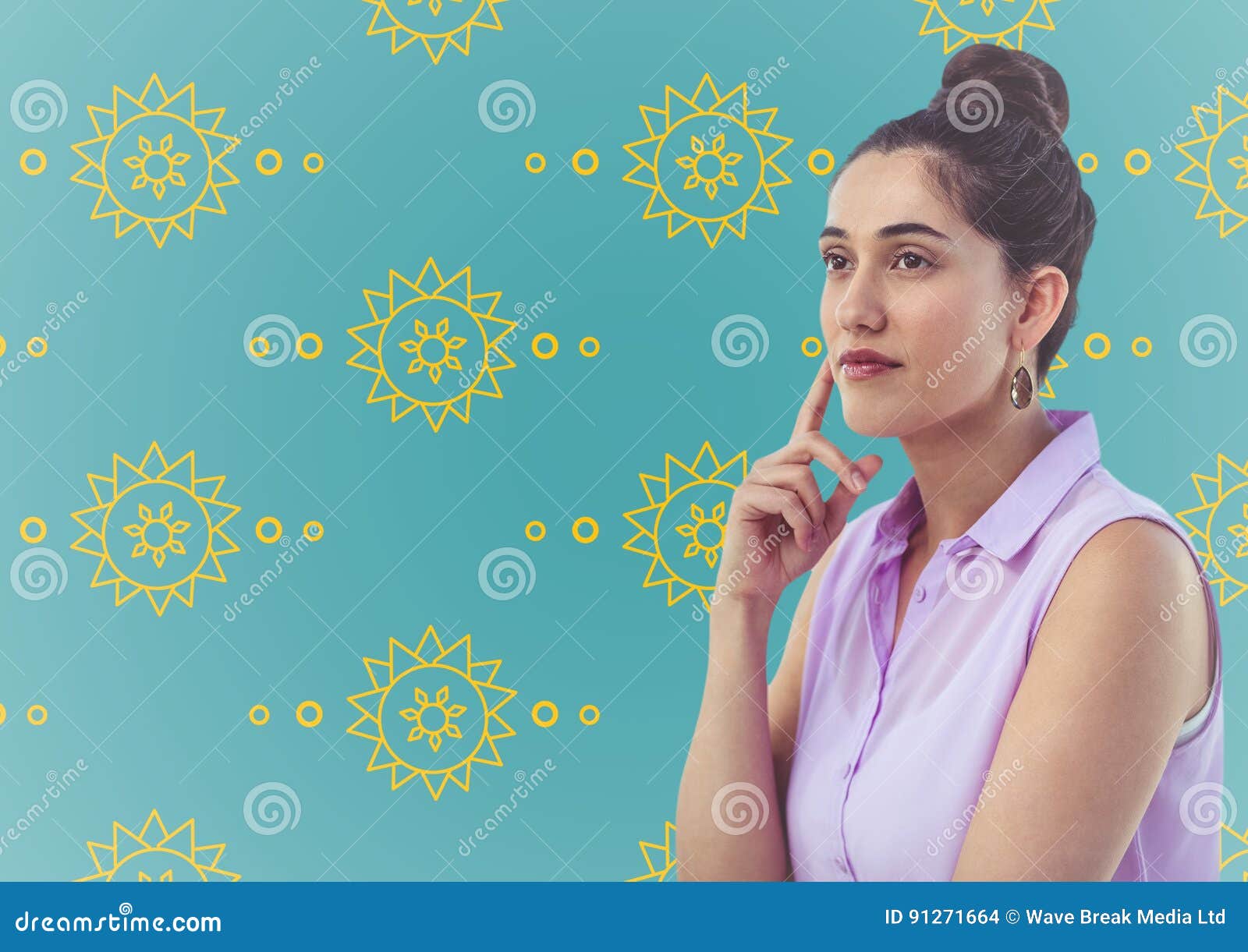 Woman Thinking Against Yellow Sun Pattern and Blue Background Stock ...