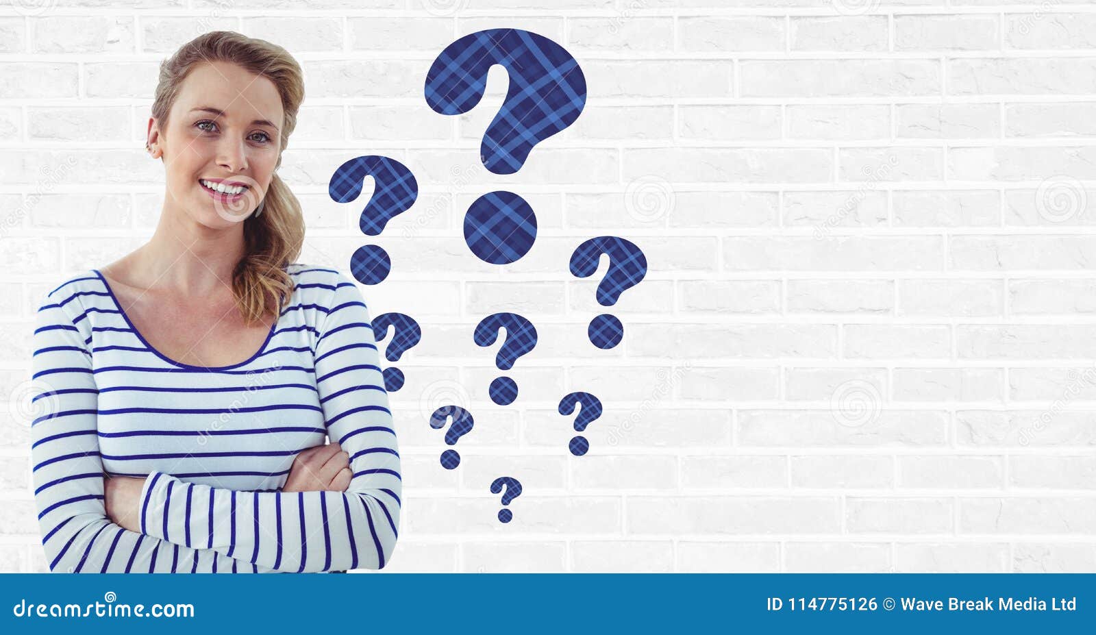 Woman Thinking with Blue Thatched Question Marks Stock Photo - Image of ...