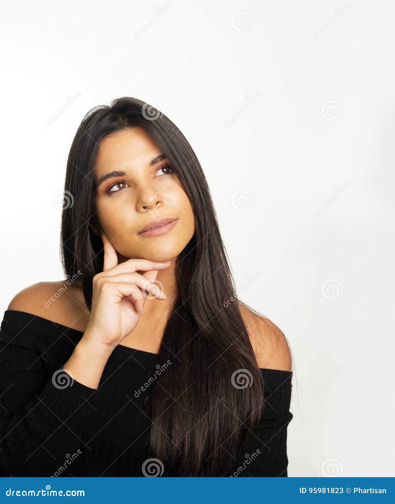 Woman thinking expression stock image. Image of eyes - 95981823