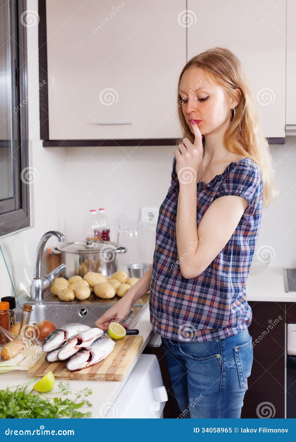 Woman Thinking How To Cook Fish Stock Image - Image of prepare, kitchen ...