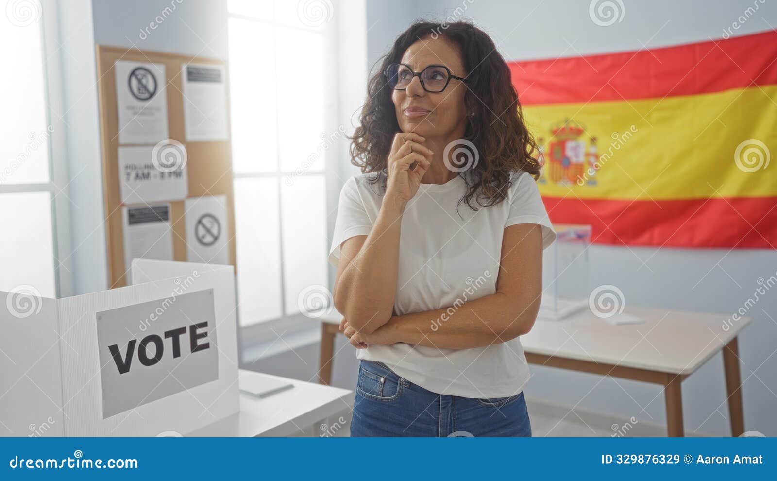 Woman Thinking Inside an Electoral Room with a Spanish Flag, Voting ...