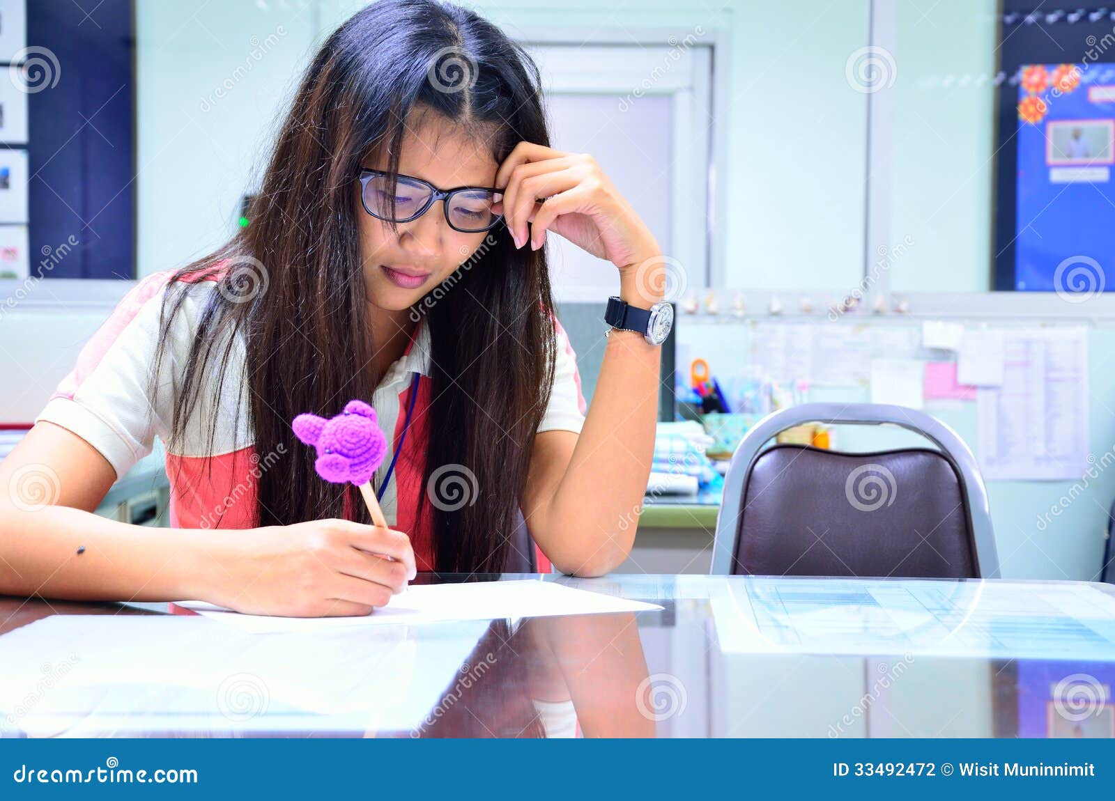 Woman is thinking a job stock photo. Image of pencil - 33492472