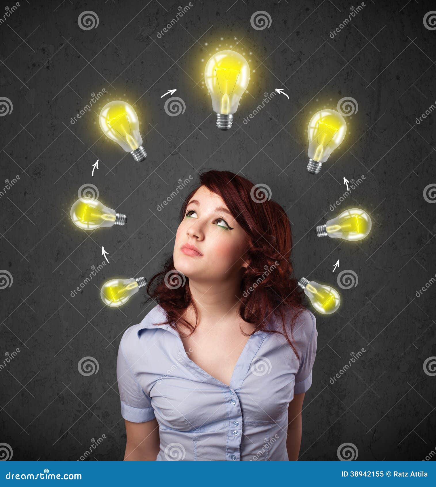 Woman Thinking with Lightbulbs Circulation Stock Image - Image of ...