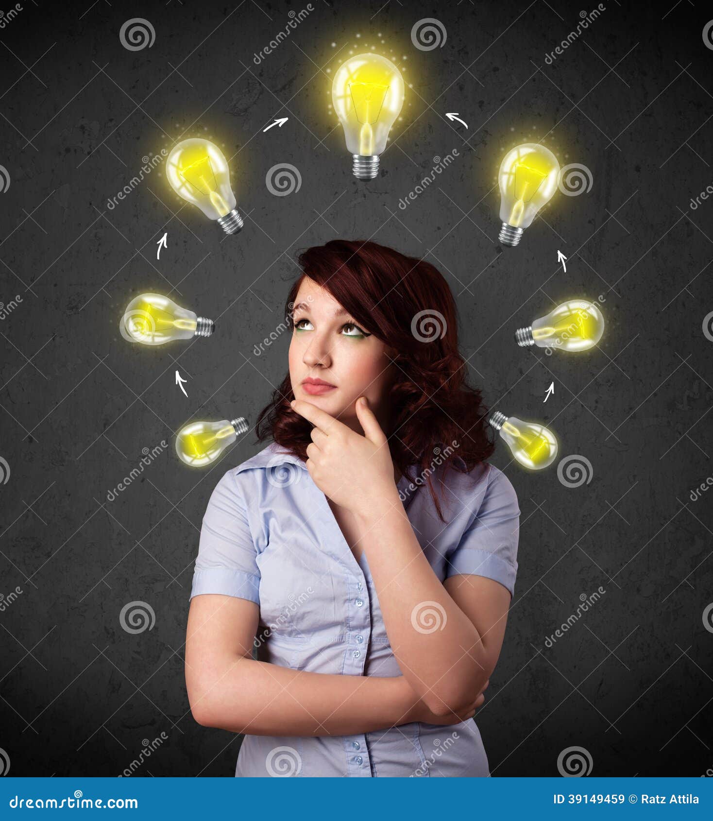 Woman Thinking with Lightbulbs Stock Image - Image of casual, choose ...