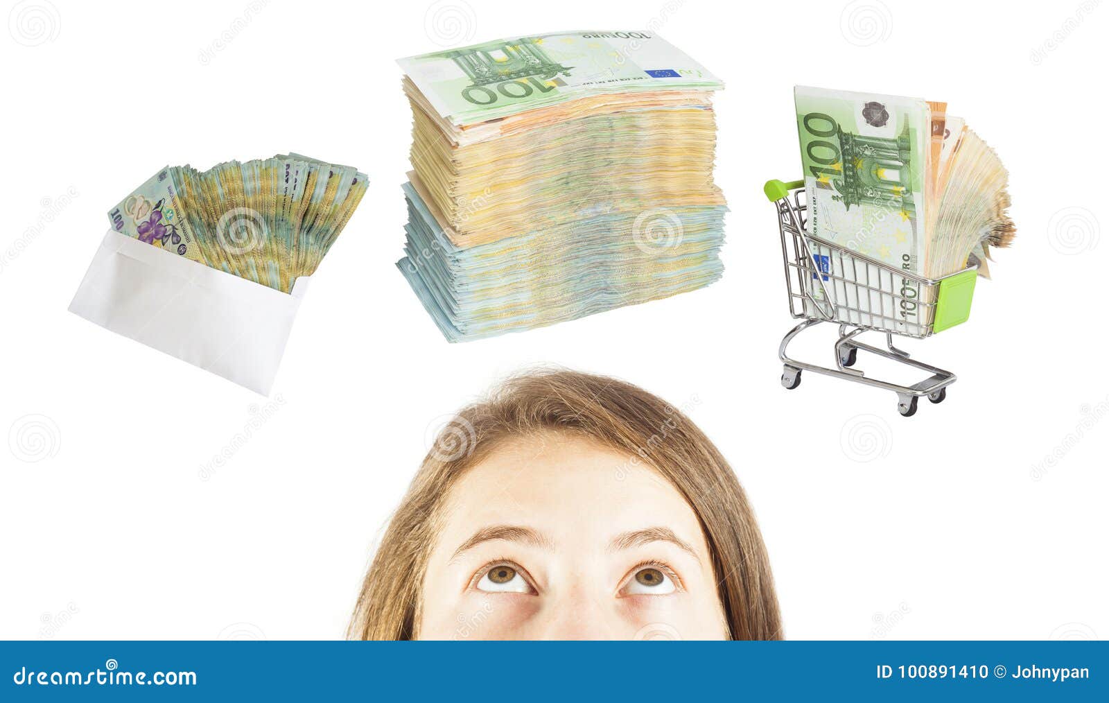 Woman thinking about money stock photo. Image of cash - 100891410