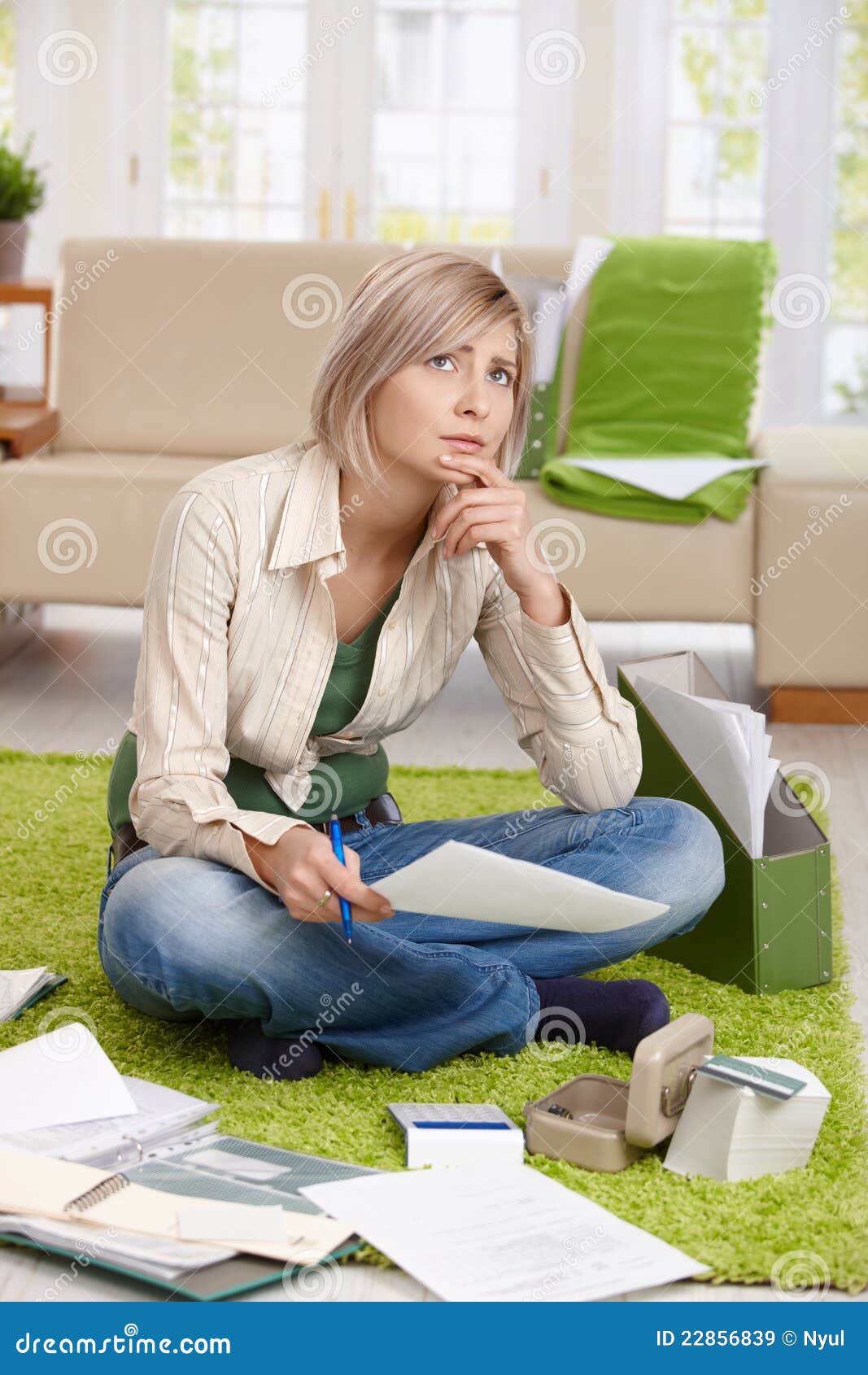Woman Thinking with Paper in Hand Stock Image - Image of cross, hand ...