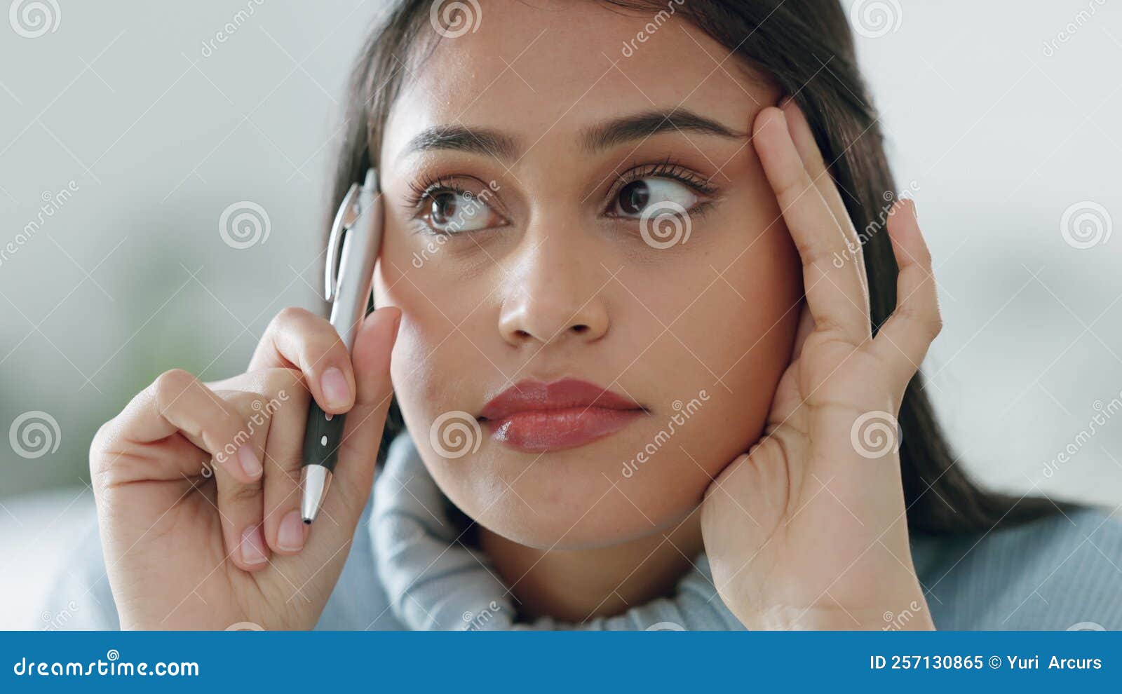 Woman Thinking with Pen about Ideas, Inspiration and Mindset Question ...